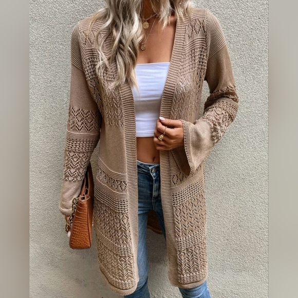 Sweaters | New Boho Lacey Pointelle Knit Long Cardigan Duster Camel ...